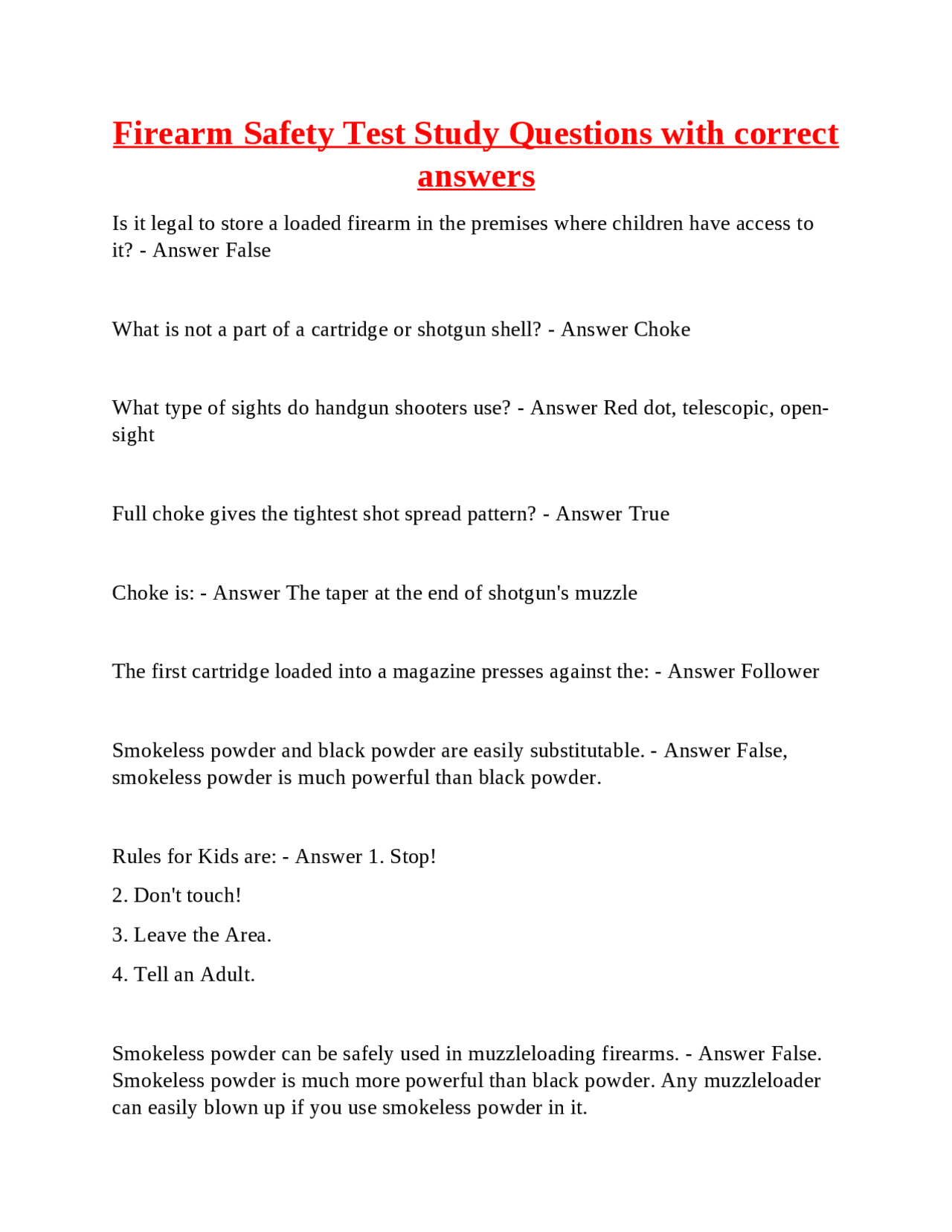 Firearm Safety Test Study Questions with correct answers | Exams Public ...