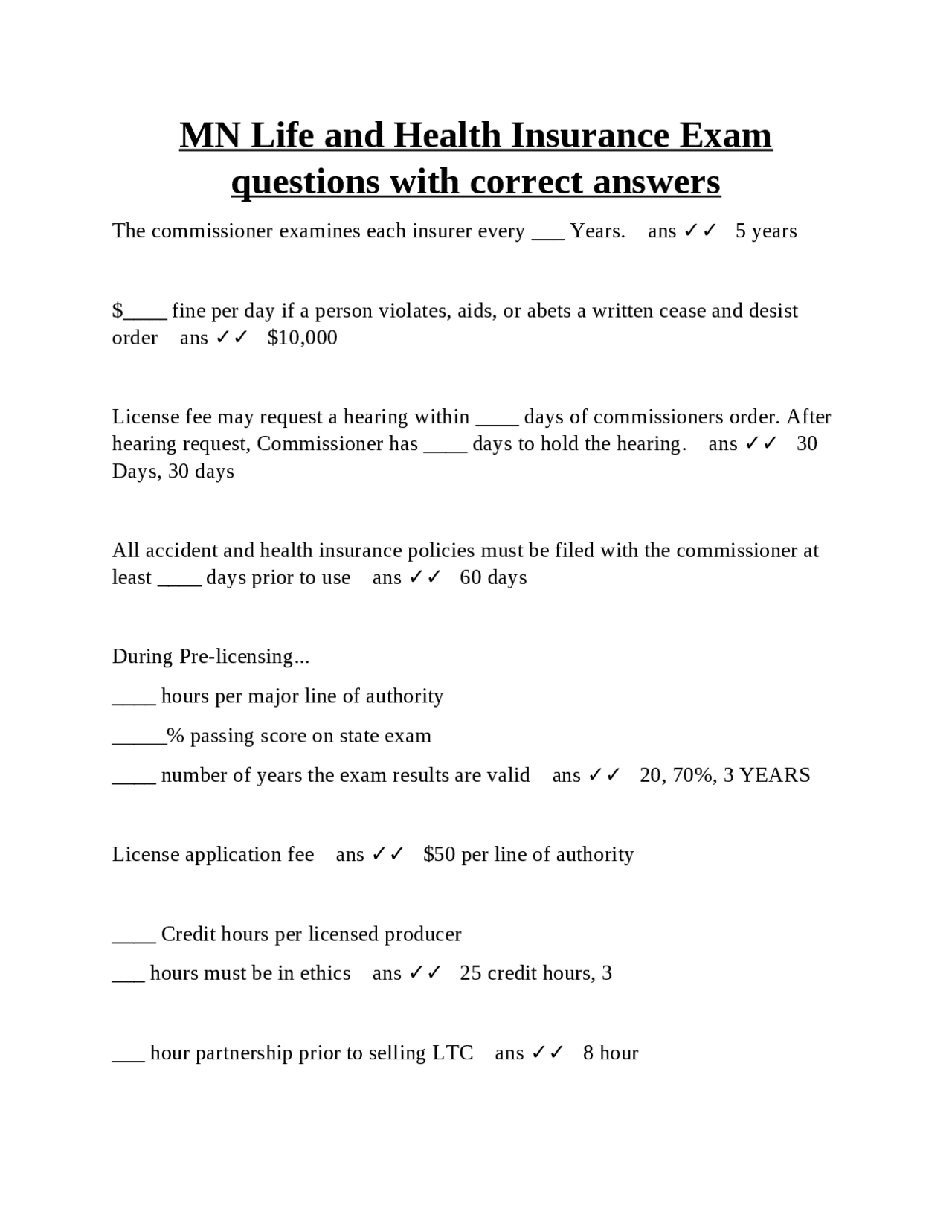MN Life and Health Insurance Exam questions with correct answers ...