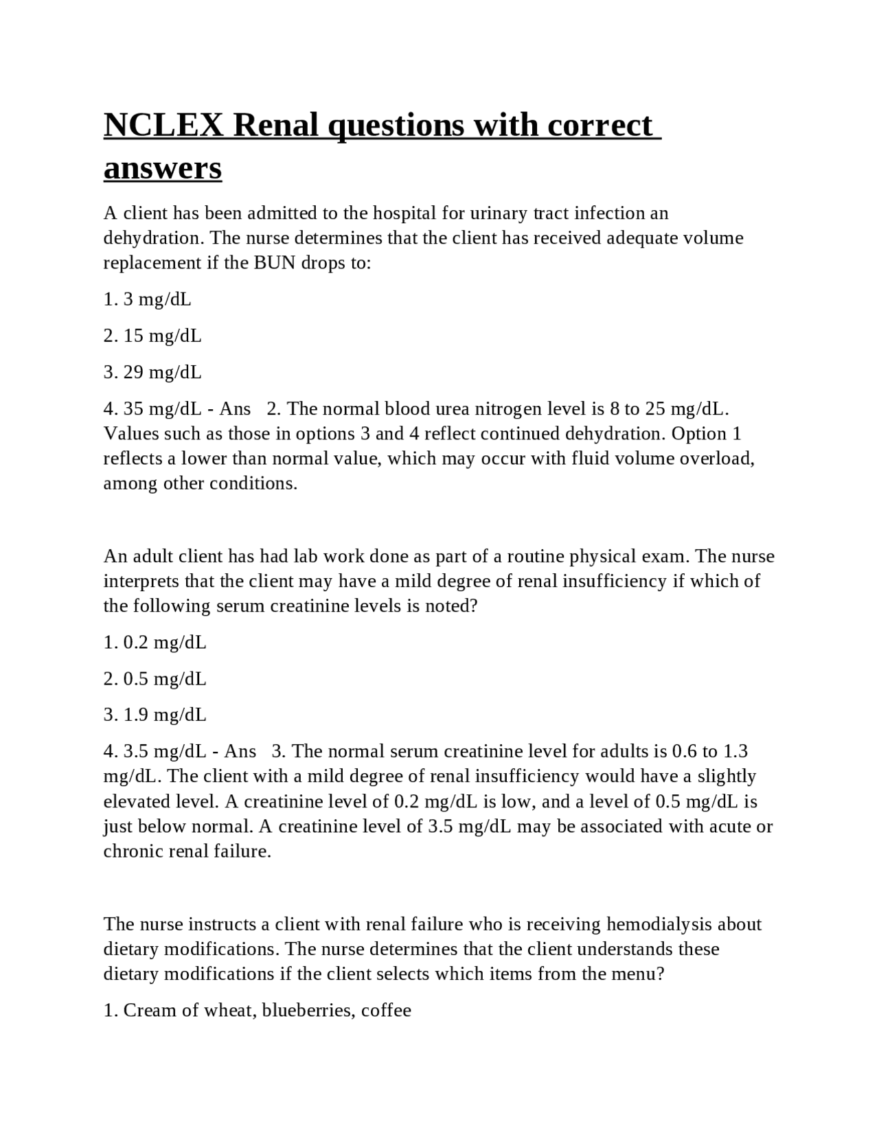 NCLEX Renal questions with correct answers | Exams Nursing | Docsity