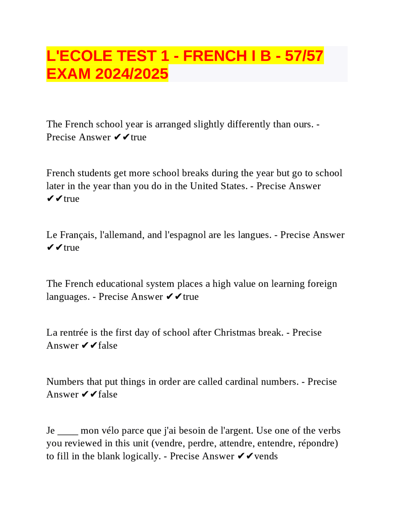 L'ECOLE TEST 1 - FRENCH I B - 57/57 EXAM 2024/2025 | Exams Nursing ...