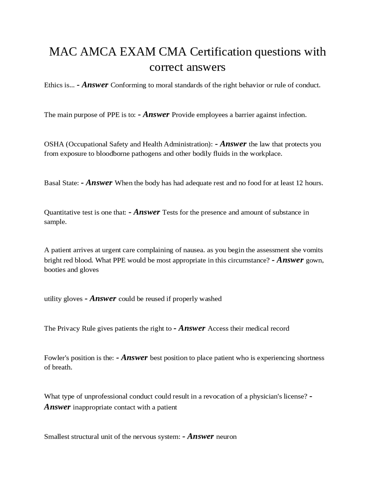 MAC AMCA EXAM CMA Certification questions with correct answers | Exams ...