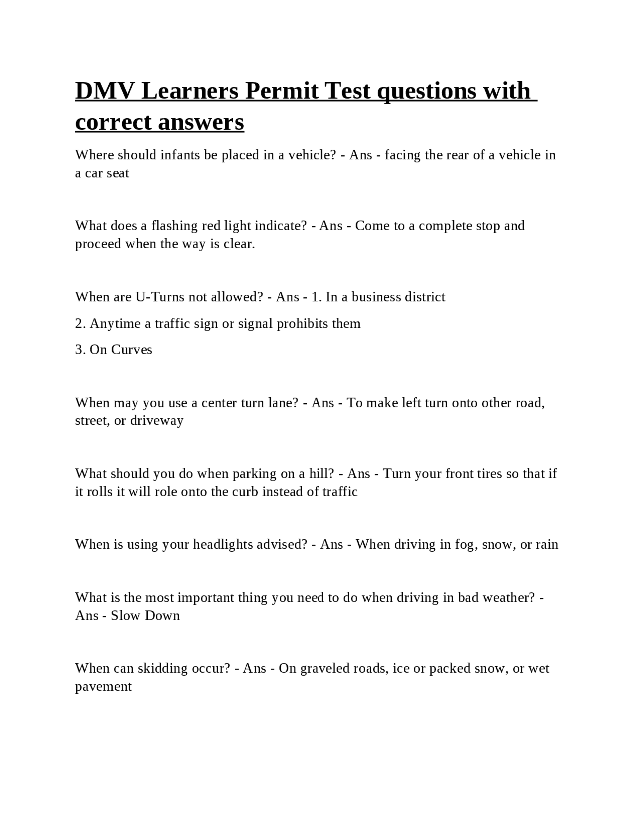 DMV Learners Permit Test questions with correct answers | Exams Nursing ...