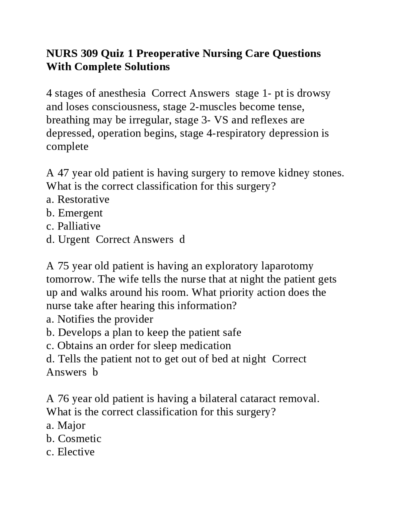 NURS 309 Quiz 1 Preoperative Nursing Care Questions With Complete ...