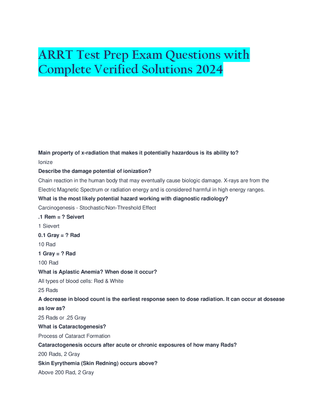 ARRT Test Prep Exam Questions with Complete Verified Solutions 2024 ...