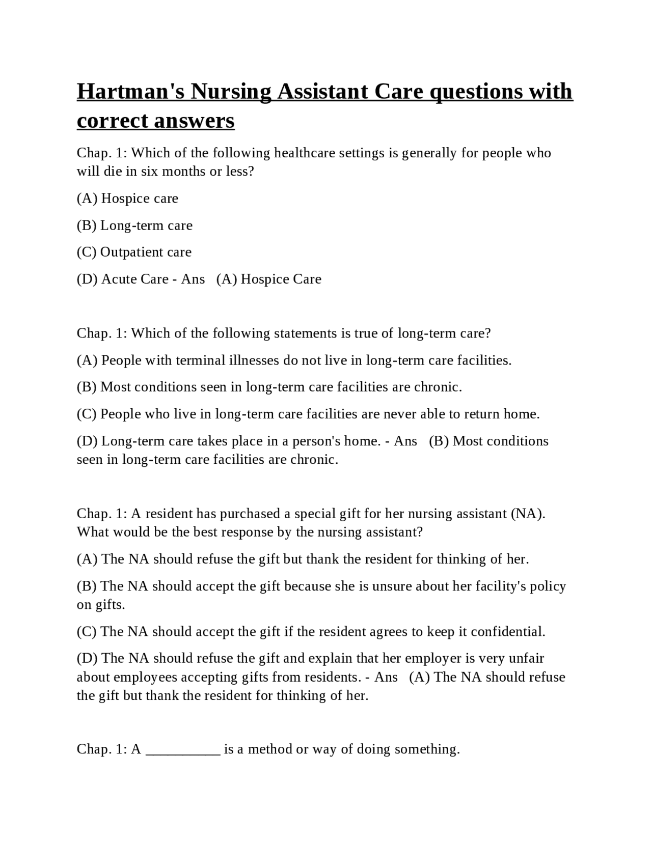 Hartman's Nursing Assistant Care questions with correct answers | Exams ...