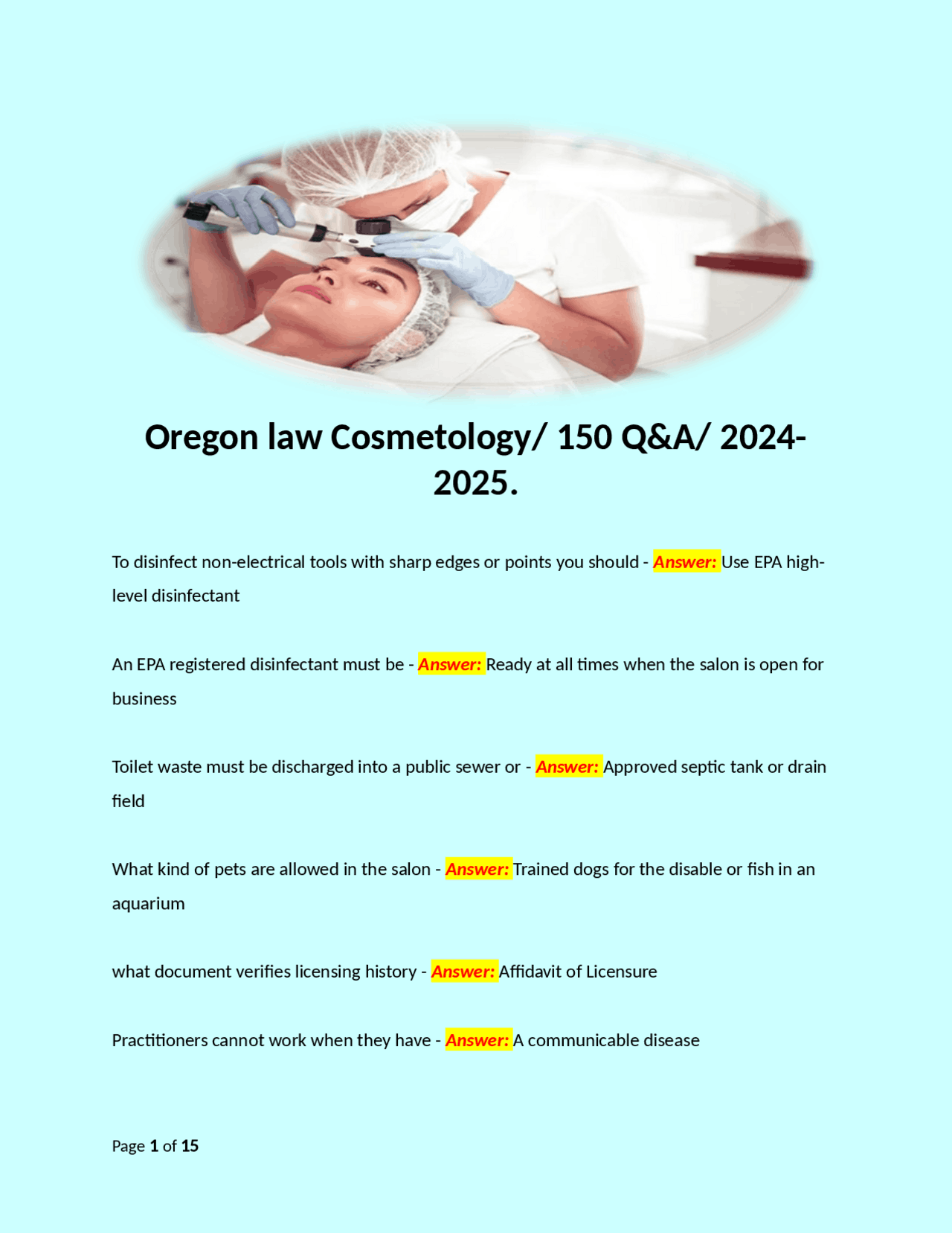 Oregon law Cosmetology/ 150 Q&A/ 2024-2025. | Exams Cosmetology | Docsity