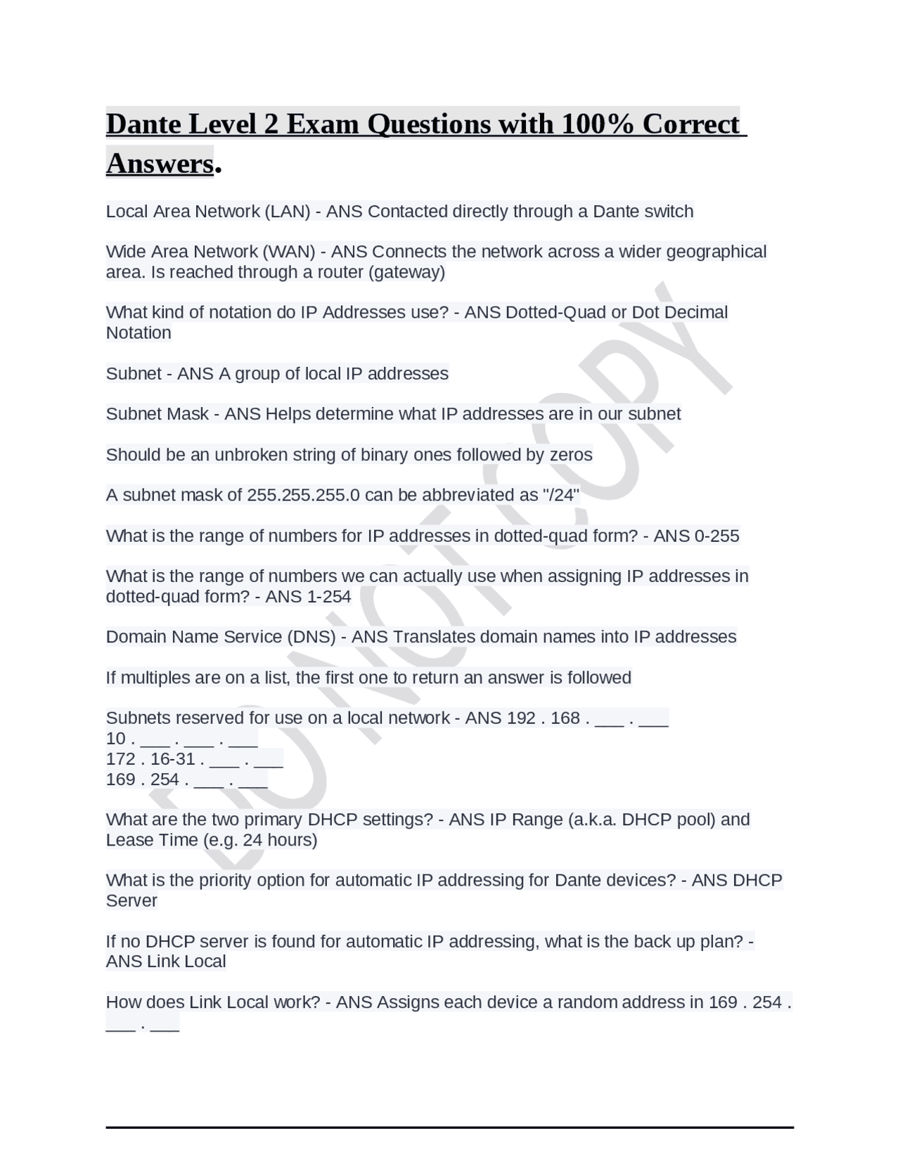 Dante Level 2 Exam Questions with 100% Correct Answers | Exams ...