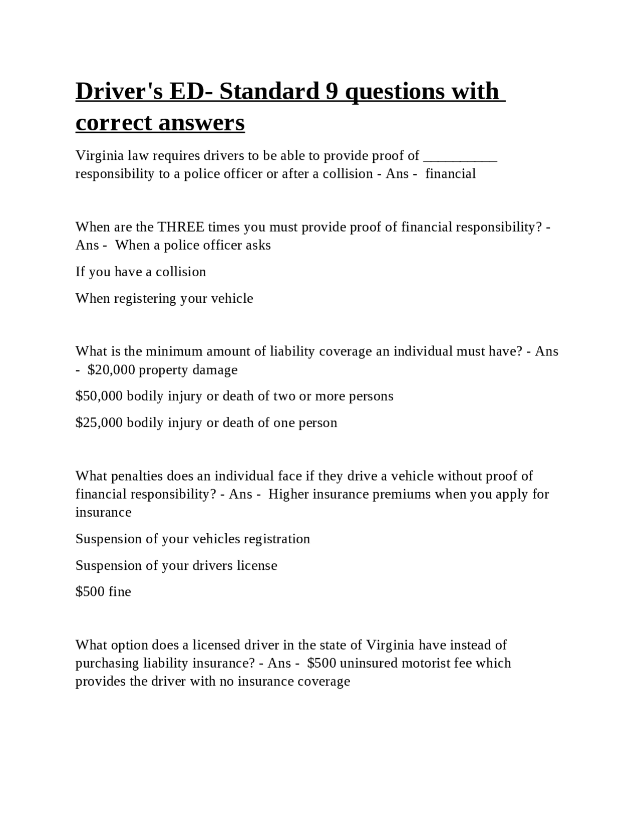 Driver's ED- Standard 9 questions with correct answers | Exams Law ...