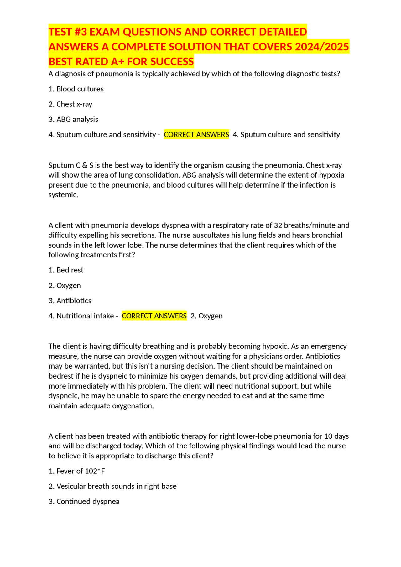 TEST #3 EXAM QUESTIONS AND CORRECT DETAILED ANSWERS A COMPLETE SOLUTION ...