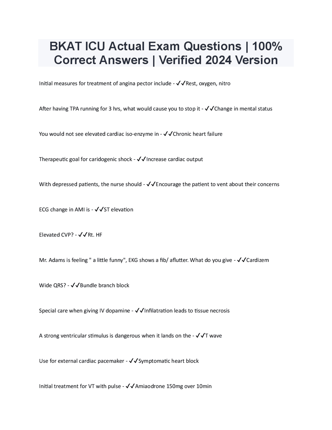 BKAT ICU Actual Exam Questions and Answers | Exams Nursing | Docsity