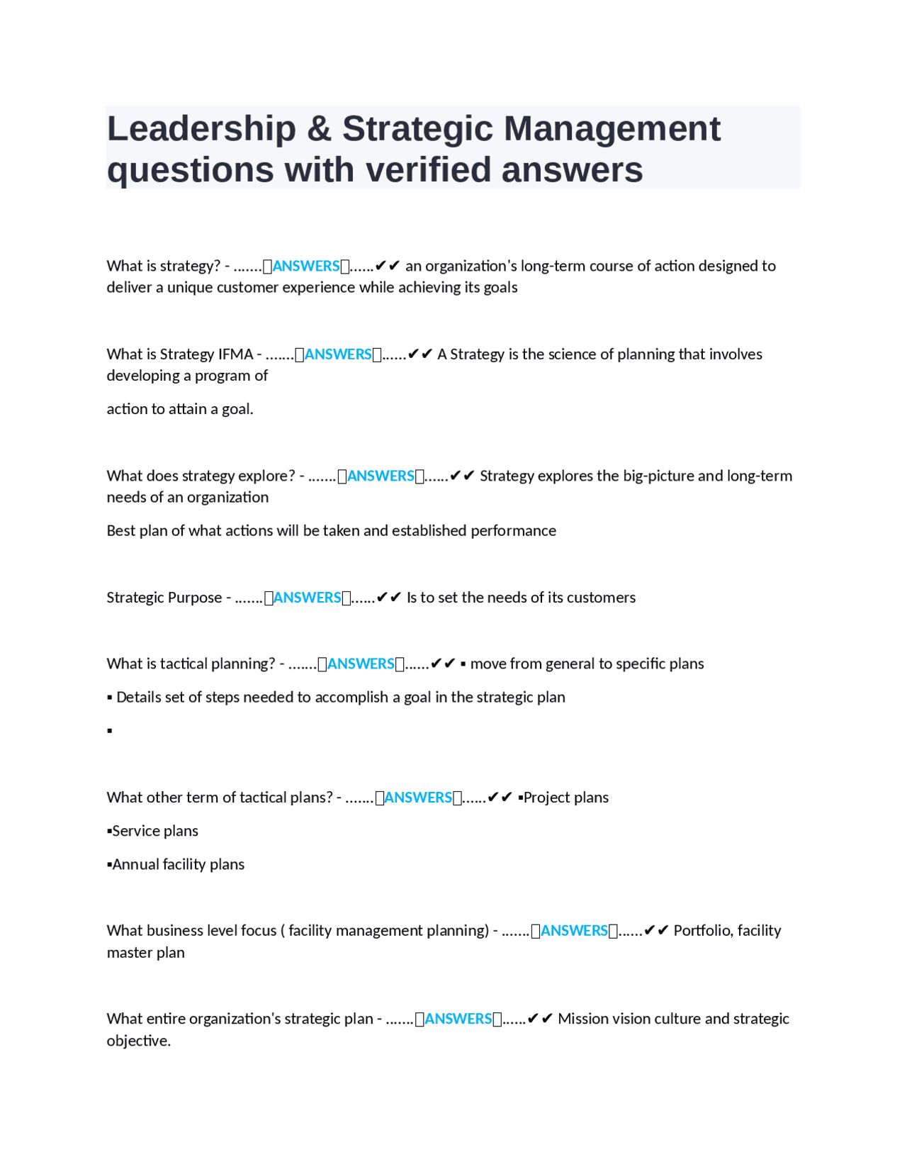 Leadership & Strategic Management questions with verified answers ...