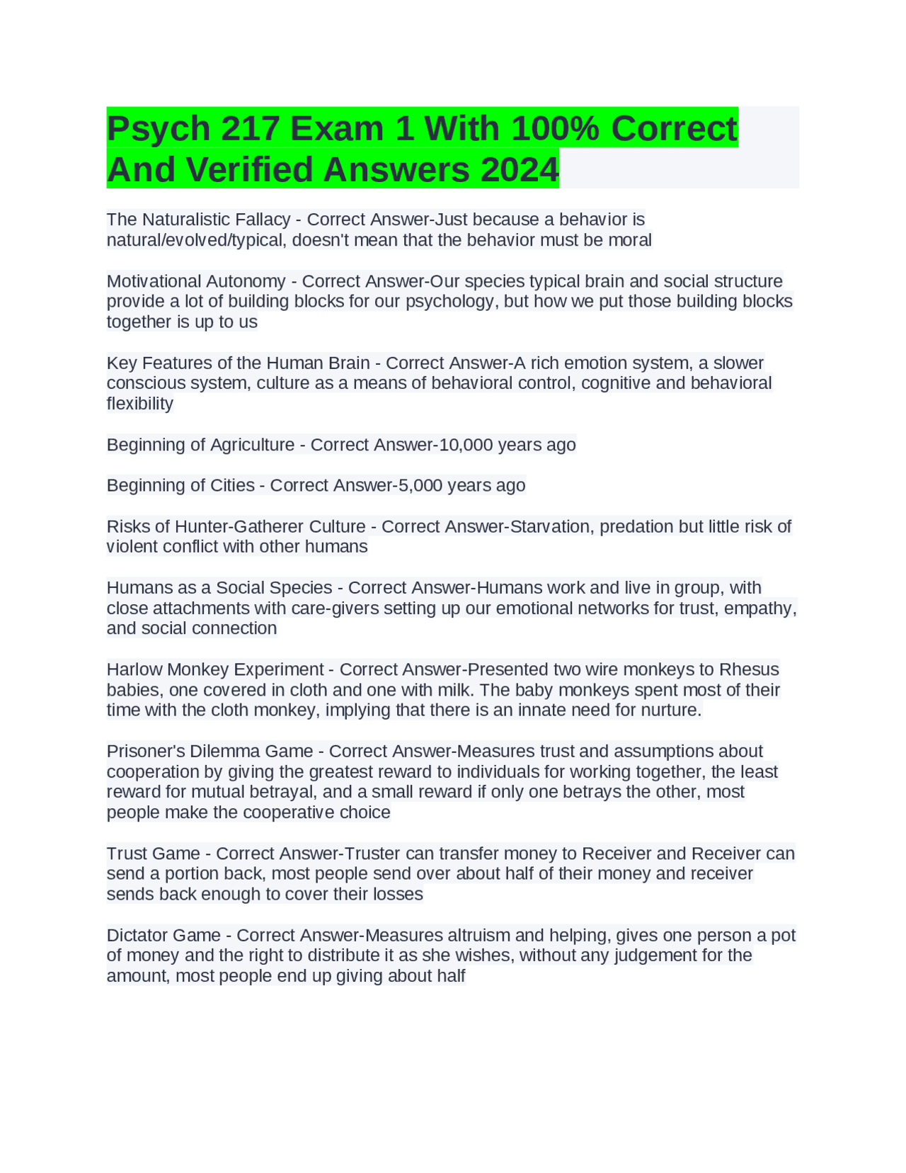 Psych 217 Exam 1 With 100% Correct And Verified Answers 2024 | Exams ...