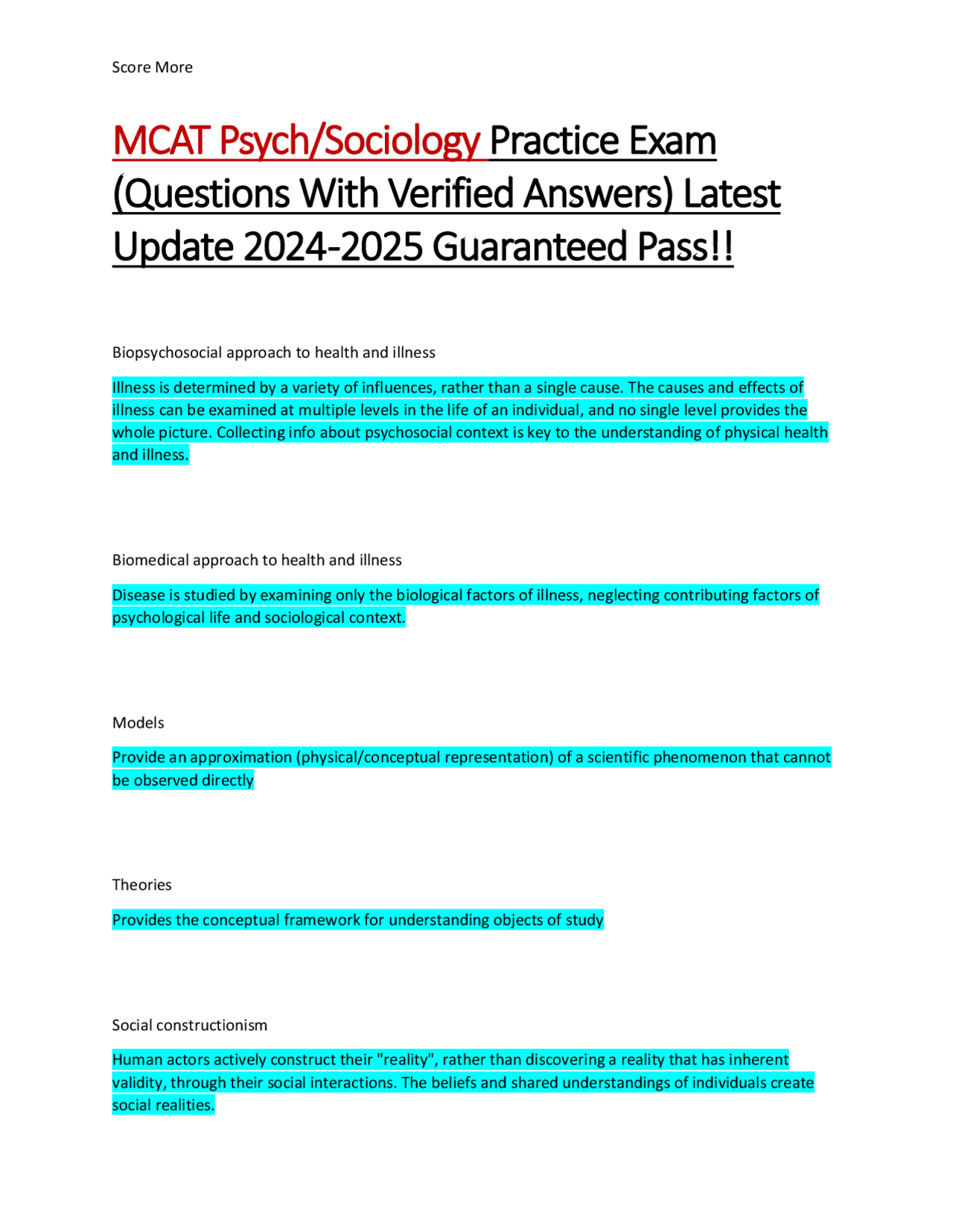 MCAT Psych/Sociology Practice Exam (Questions With Verified Answers ...