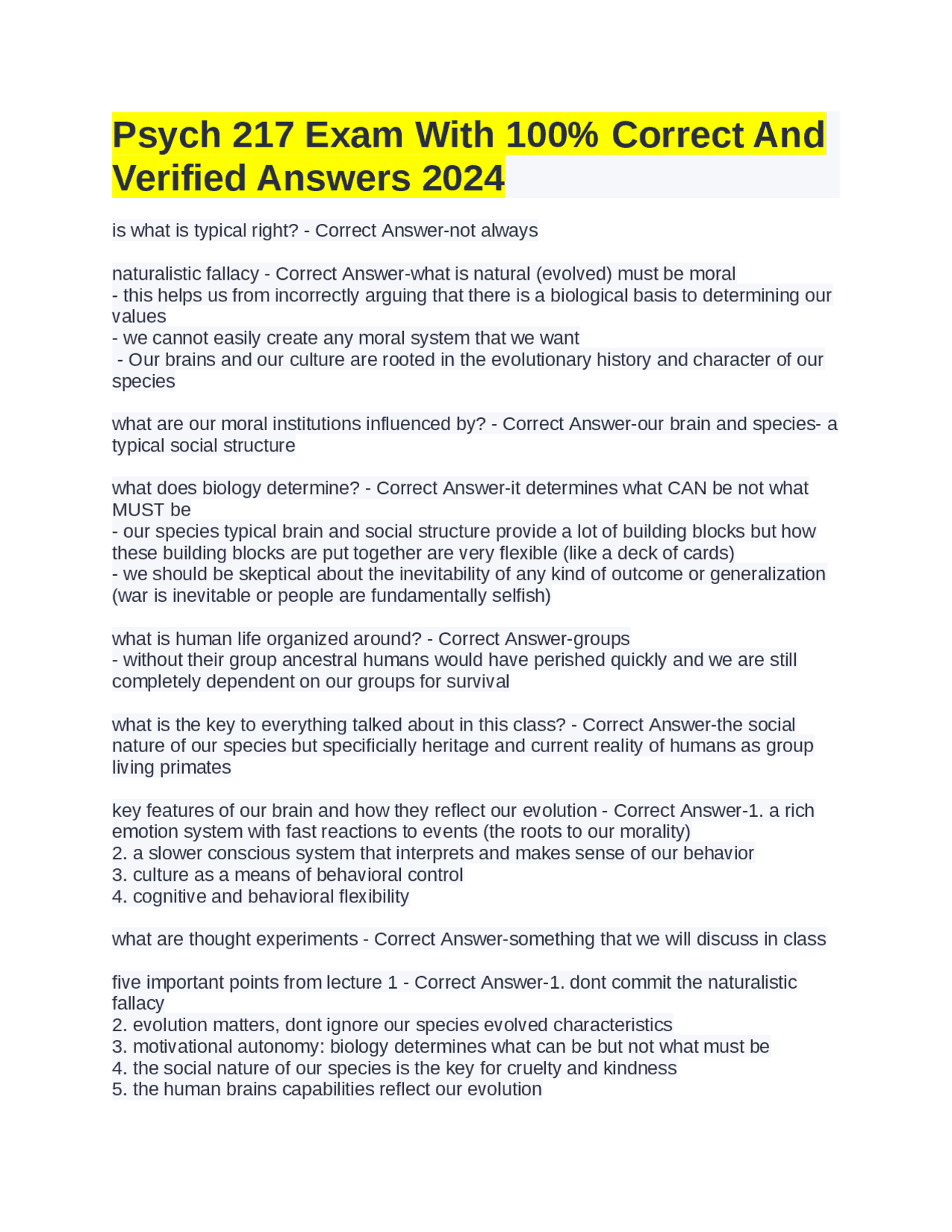 Psych 217 Exam With 100% Correct And Verified Answers 2024 | Exams ...