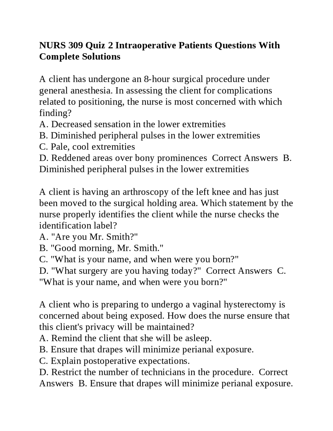NURS 309 Quiz 2 Intraoperative Patients Questions With Complete ...