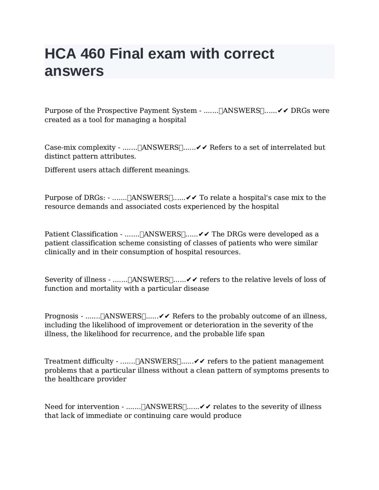 HCA 460 Final exam with correct answers | Exams Nursing | Docsity
