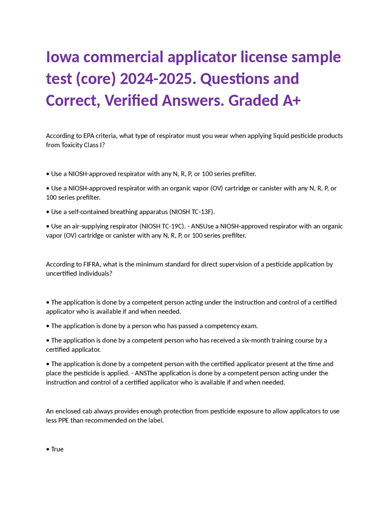 Iowa commercial applicator license sample test (core) 2024-25 ...