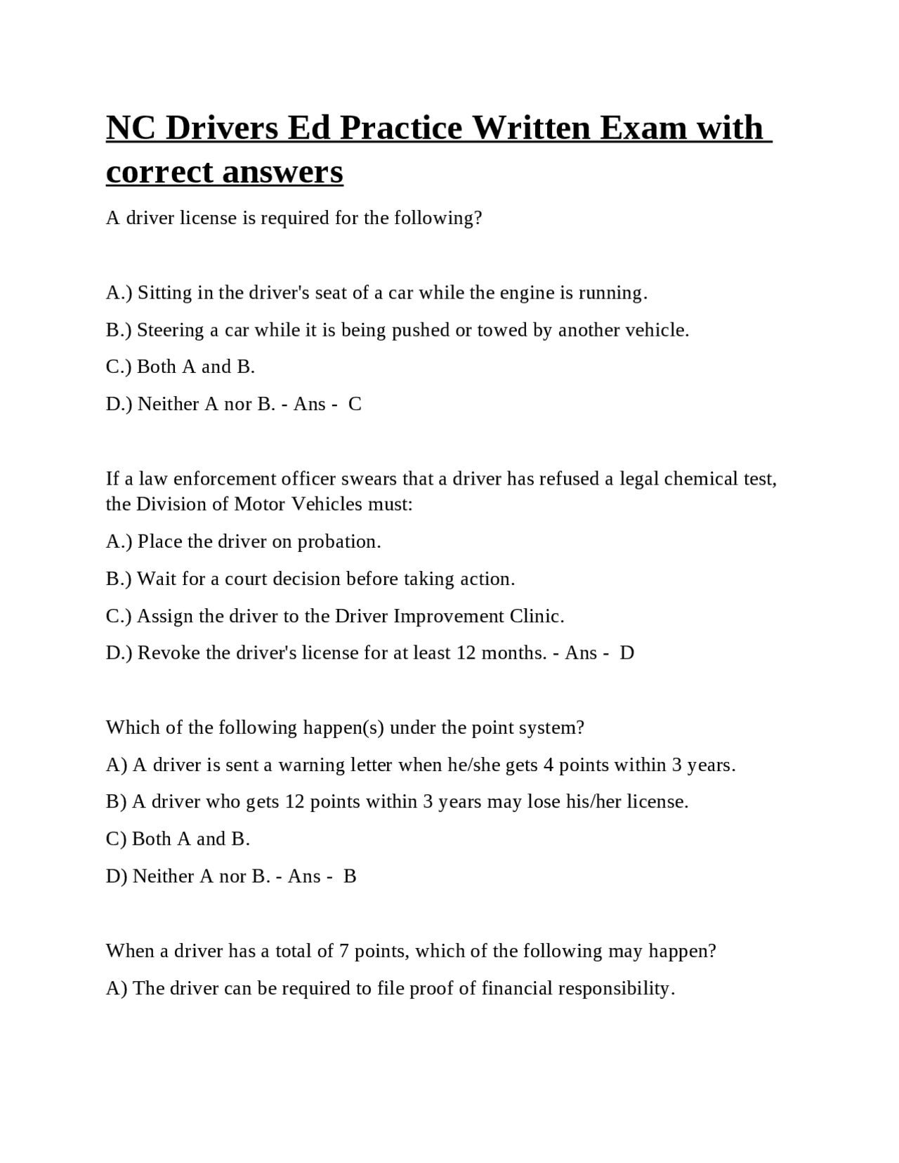 NC Drivers Ed Practice Written Exam with correct answers | Exams ...