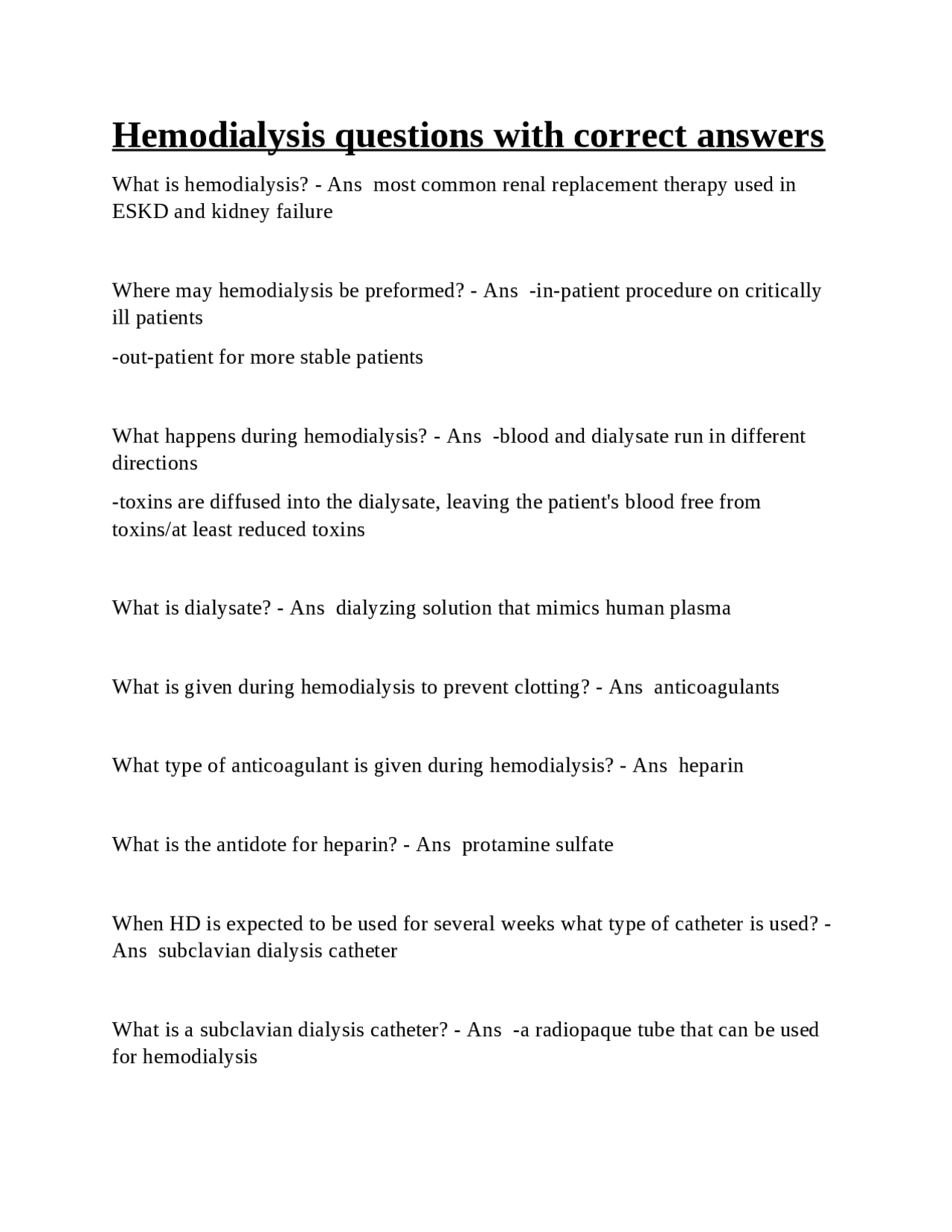 Hemodialysis questions with correct answers | Exams Nursing | Docsity