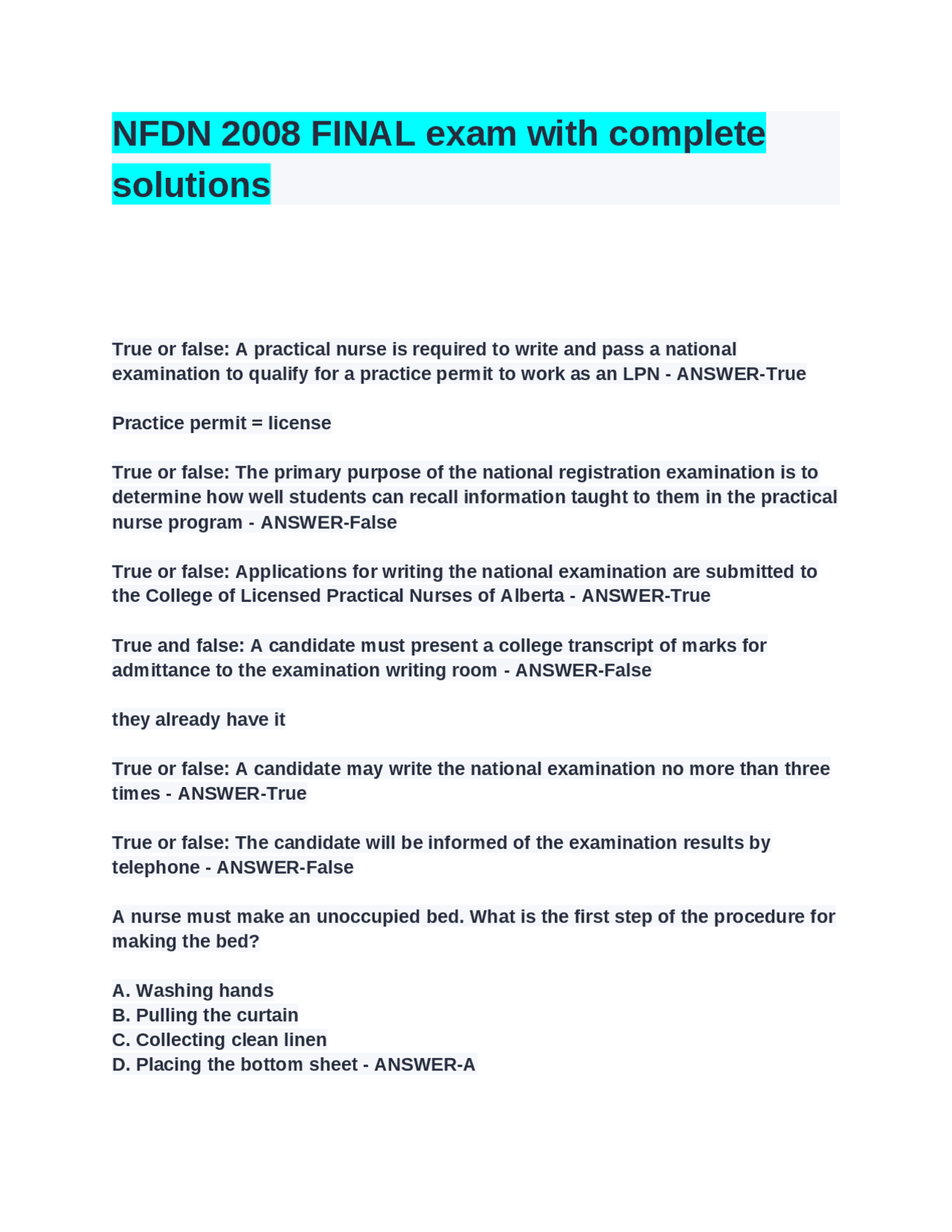 NFDN 2008 FINAL exam with complete solutions | Exams Nursing | Docsity