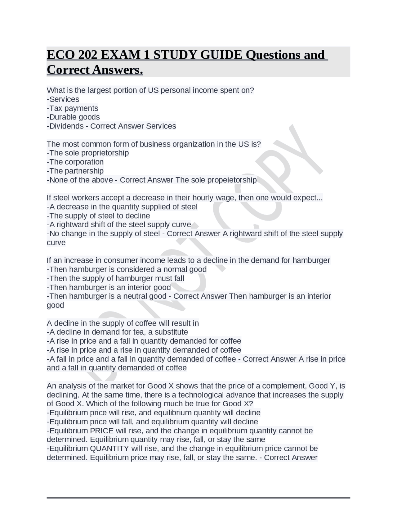 ECO 202 EXAM 1 STUDY GUIDE Questions and Correct Answers. | Exams ...