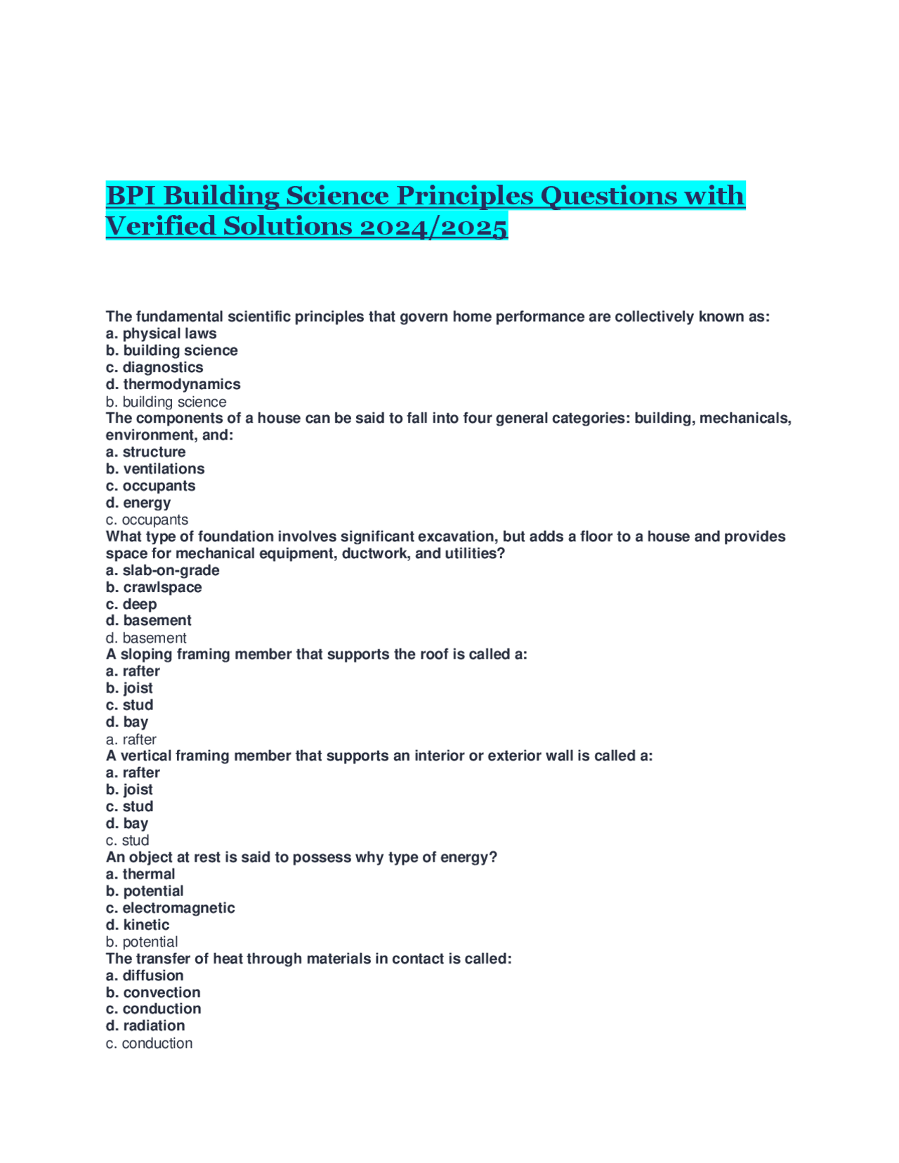 BPI Building Science Principles Questions with Verified Solutions 2024/ ...
