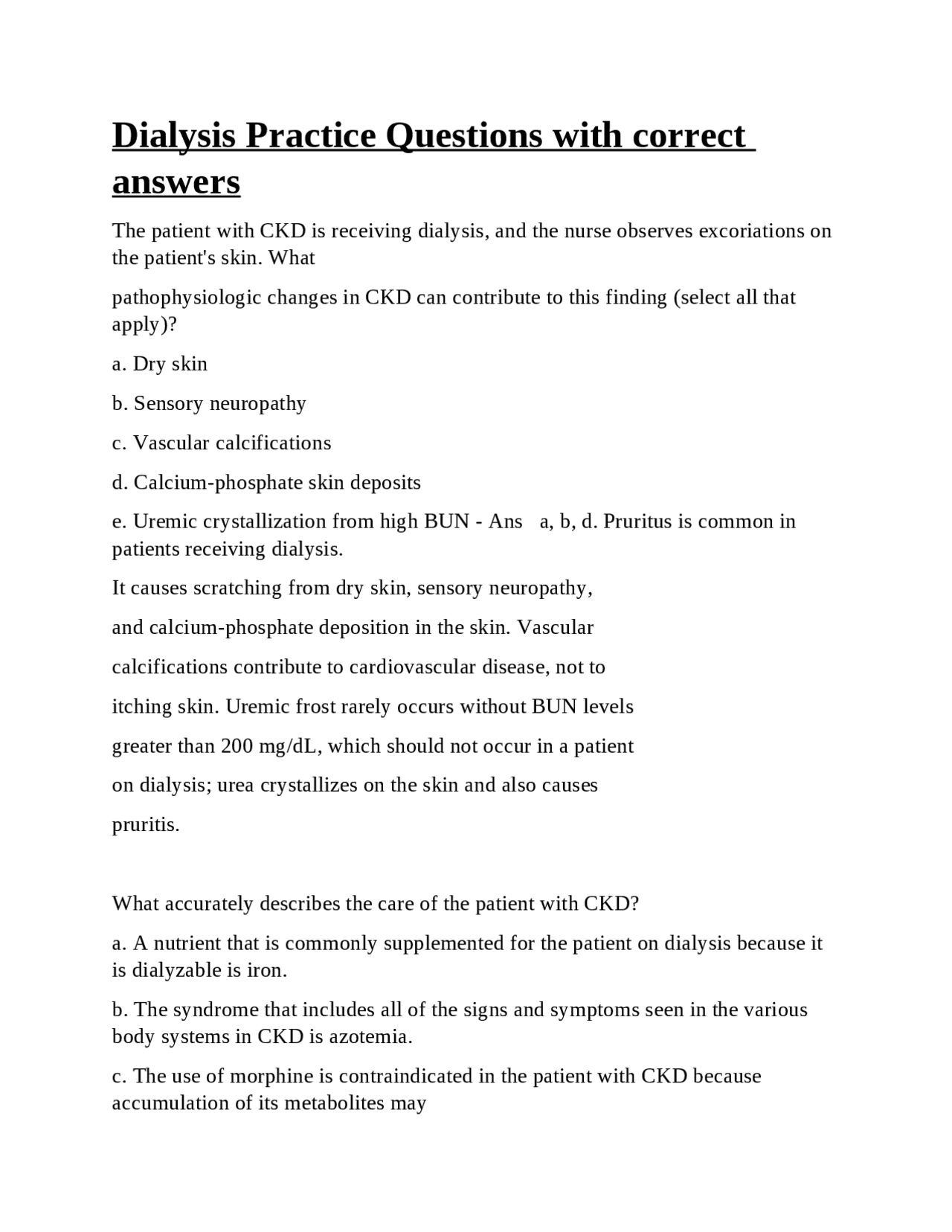 Dialysis Practice Questions with correct answers | Exams Nursing | Docsity