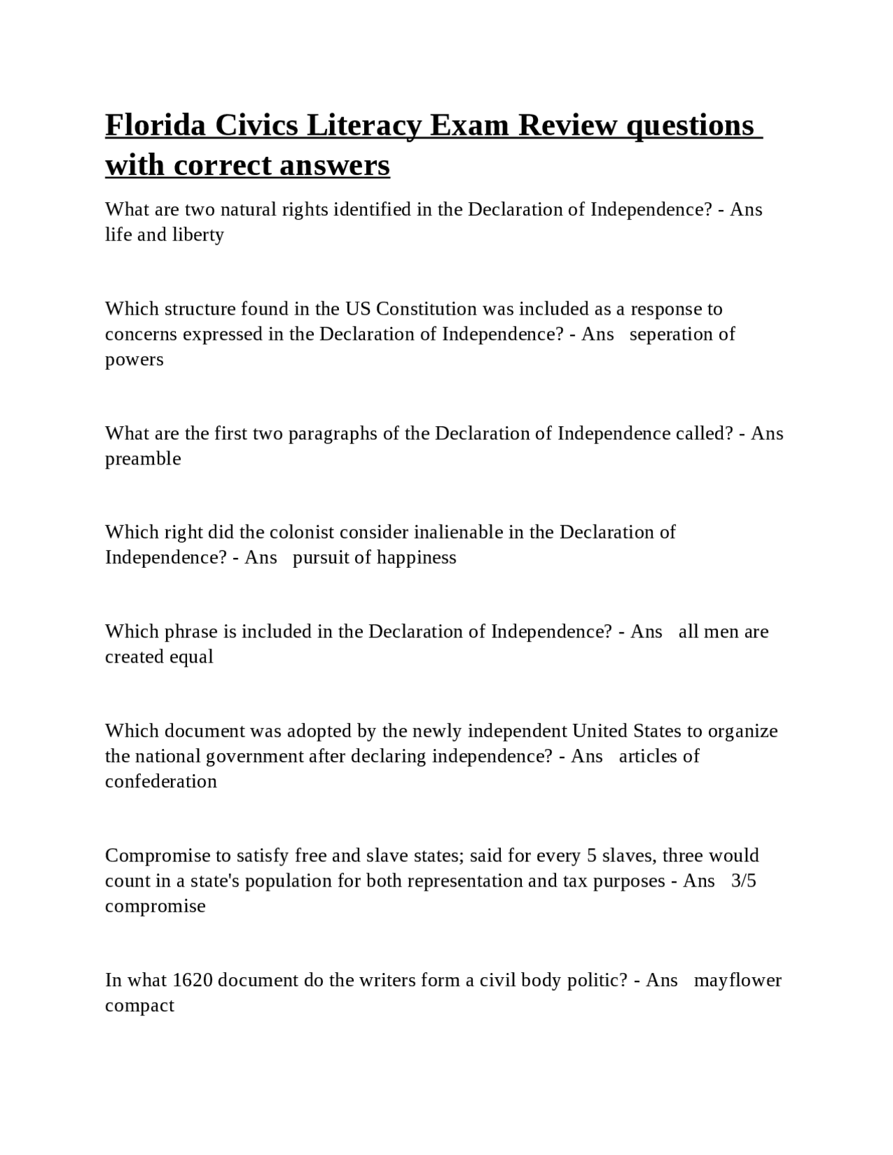 Florida Civics Literacy Exam Review questions with correct answers ...