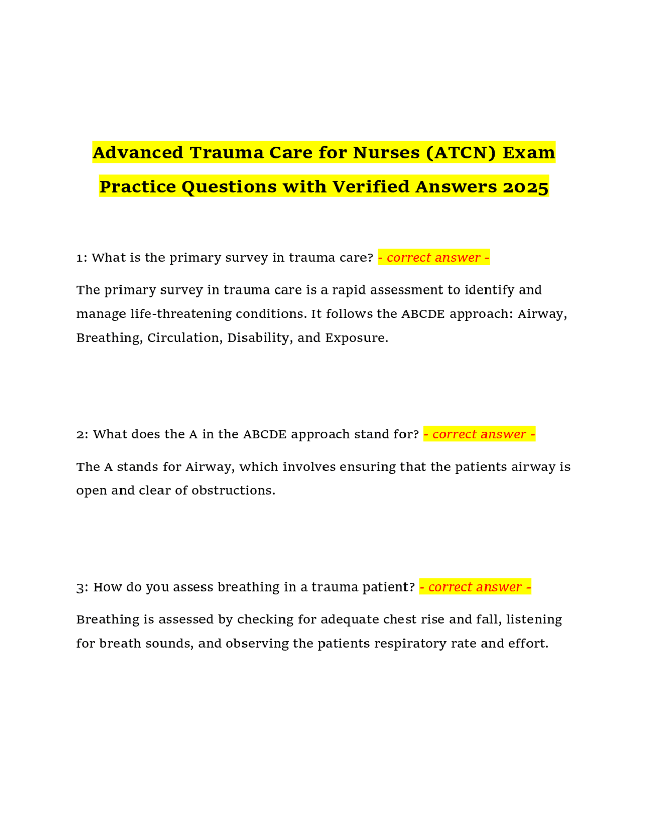 Advanced Trauma Care for Nurses (ATCN) Exam Practice Questions with ...