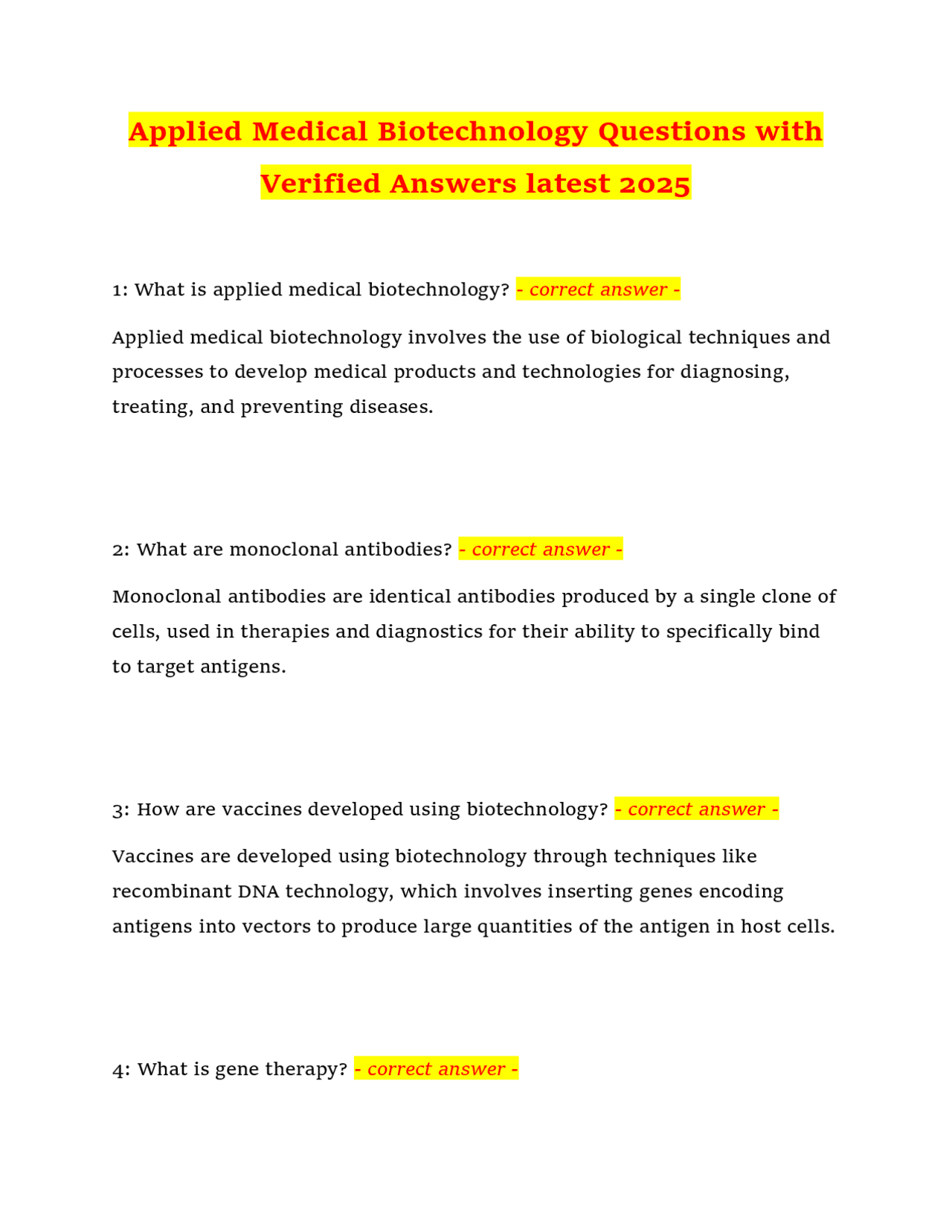 Applied Medical Biotechnology Questions with Verified Answers latest ...