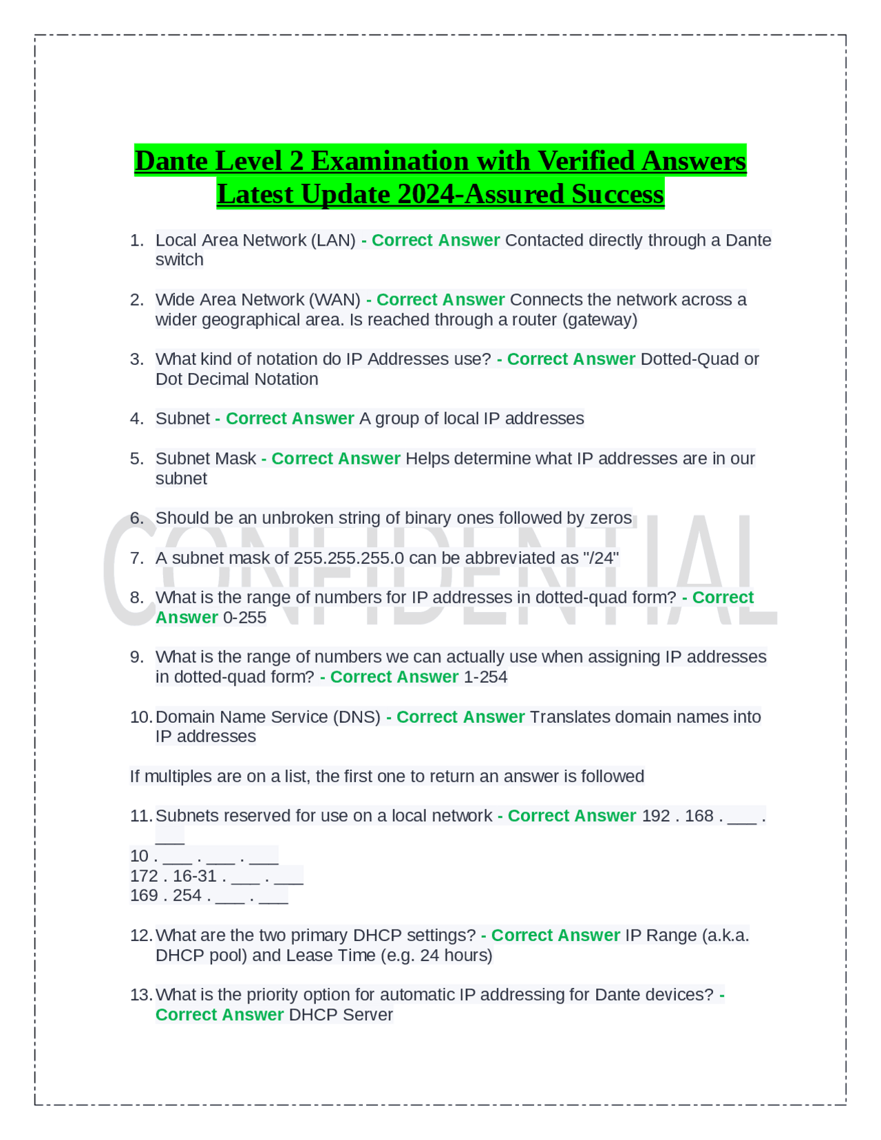 Dante Level 2 Examination with Verified Answers Latest Update 2024 ...