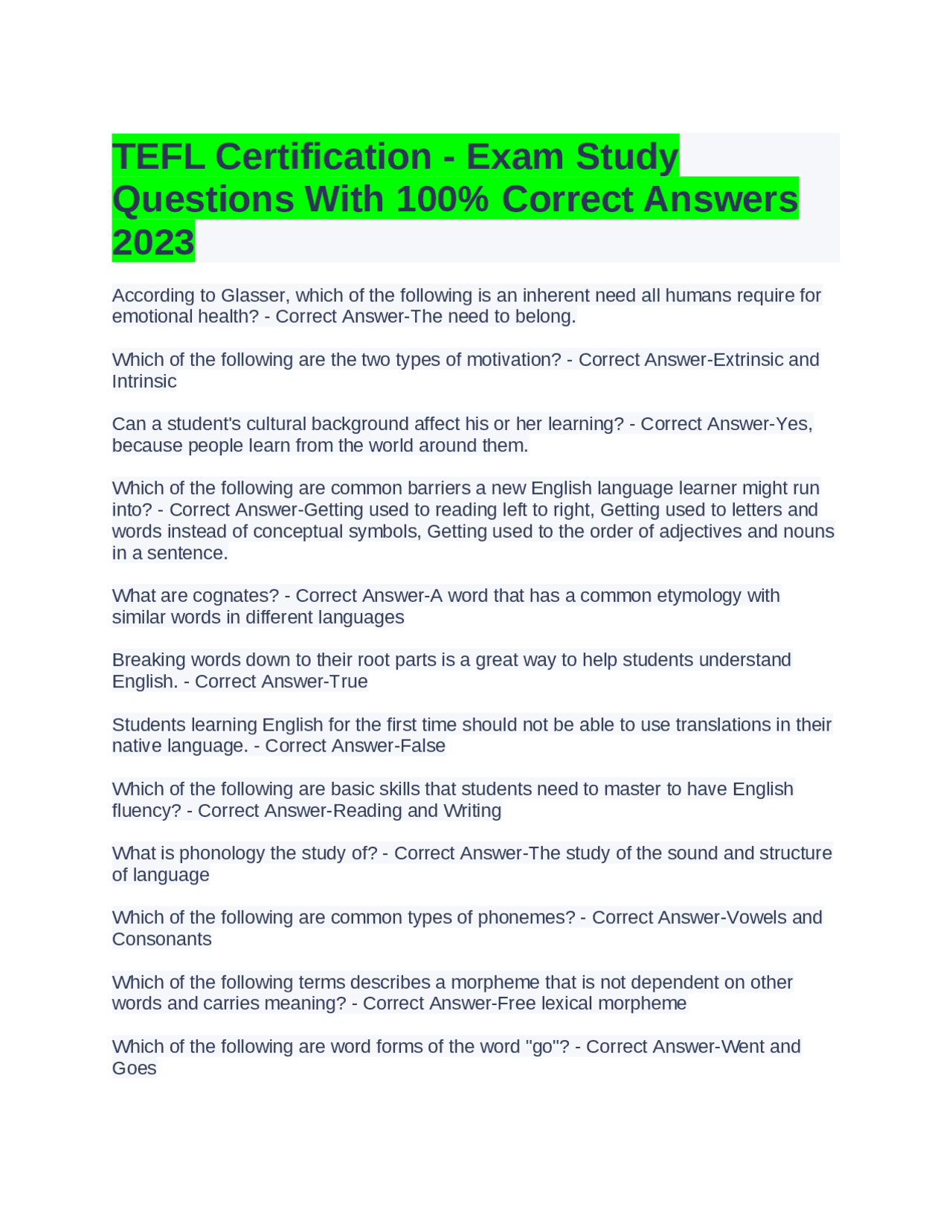 TEFL Certification - Exam Study Questions With 100% Correct Answers ...