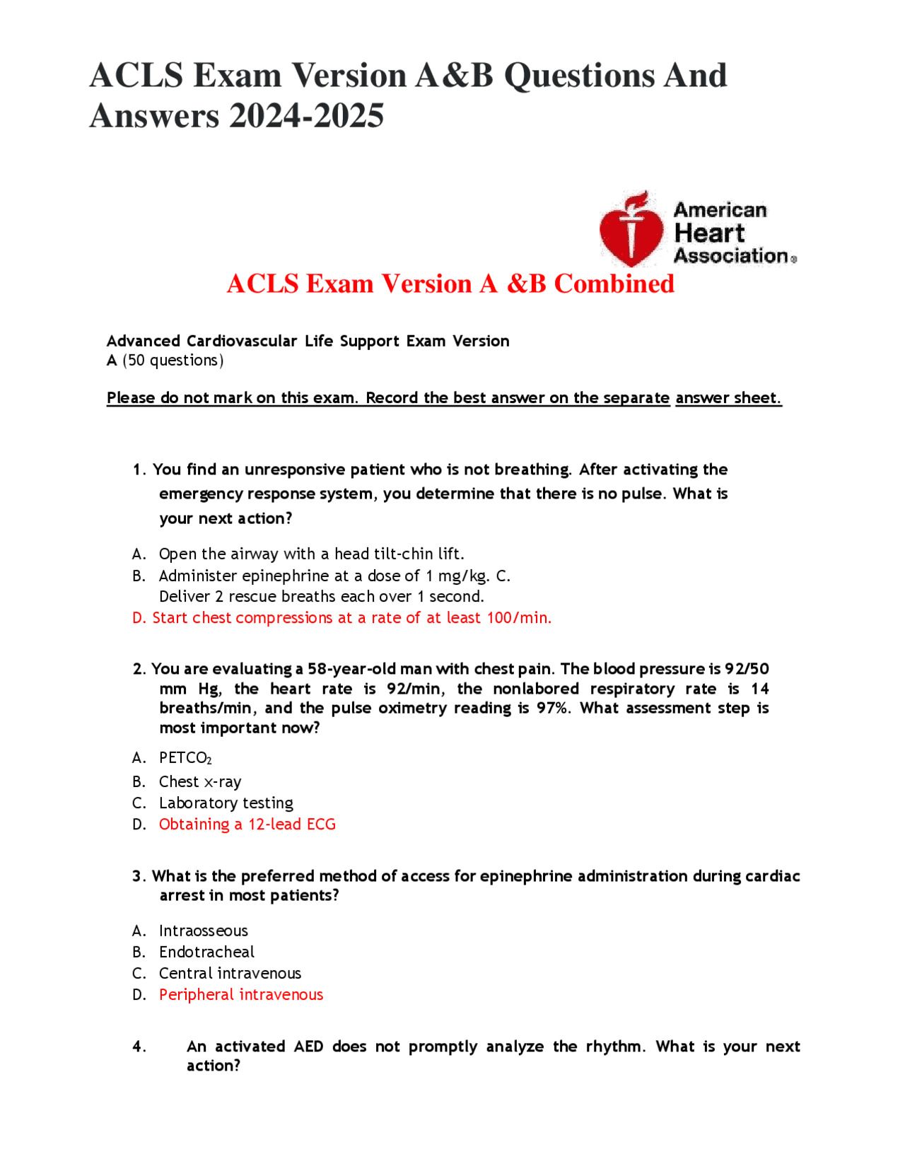 ACLS Exam Version A&B Questions And Answers 2024-2025 | Exams Nursing ...