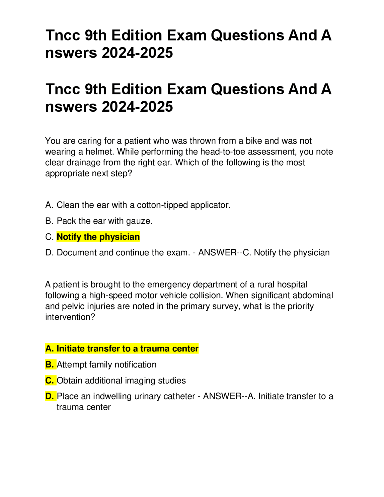 Tncc 9th Edition Exam Questions And Answers 2024-2025 | Exams Nursing ...