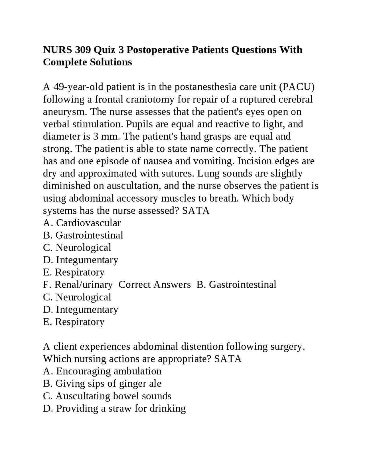 Postoperative Nursing Care | Exams Nursing | Docsity