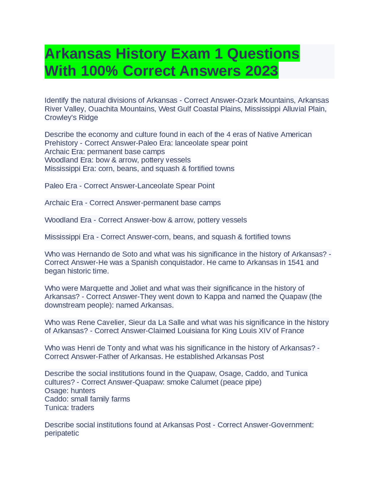 Arkansas History Exam 1 Questions With 100% Correct Answers 2023 ...