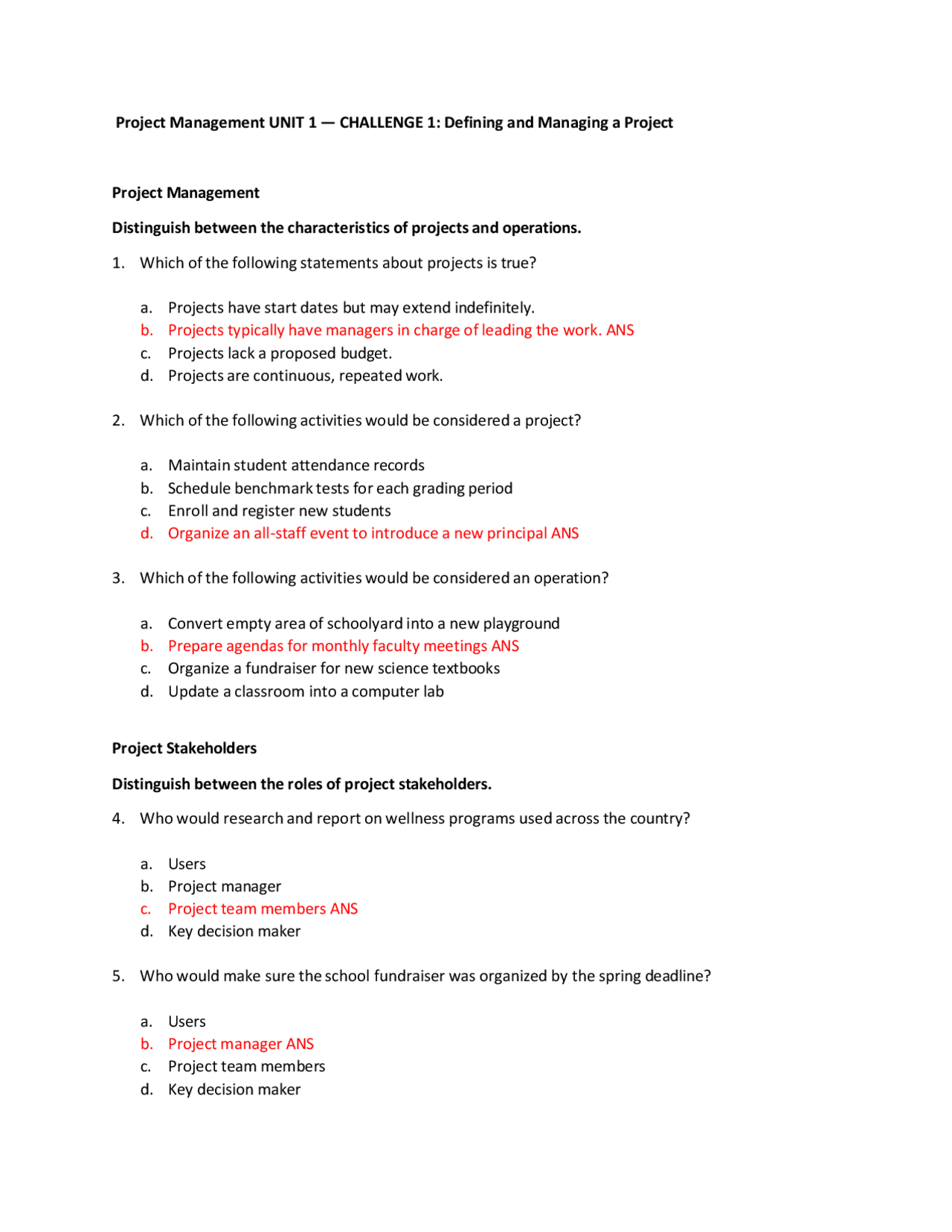 Project Management UNIT 1 CHALLENGE 1. | Exams Project Management | Docsity