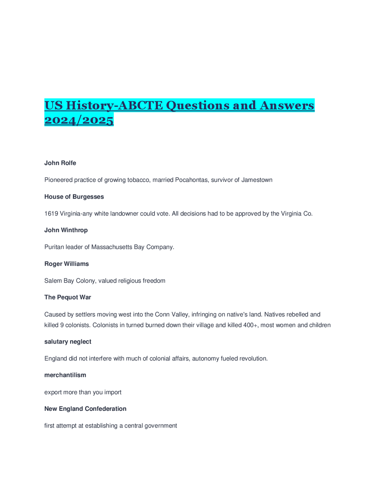 US History-ABCTE Questions and Answers 2024/2025 | Exams History | Docsity