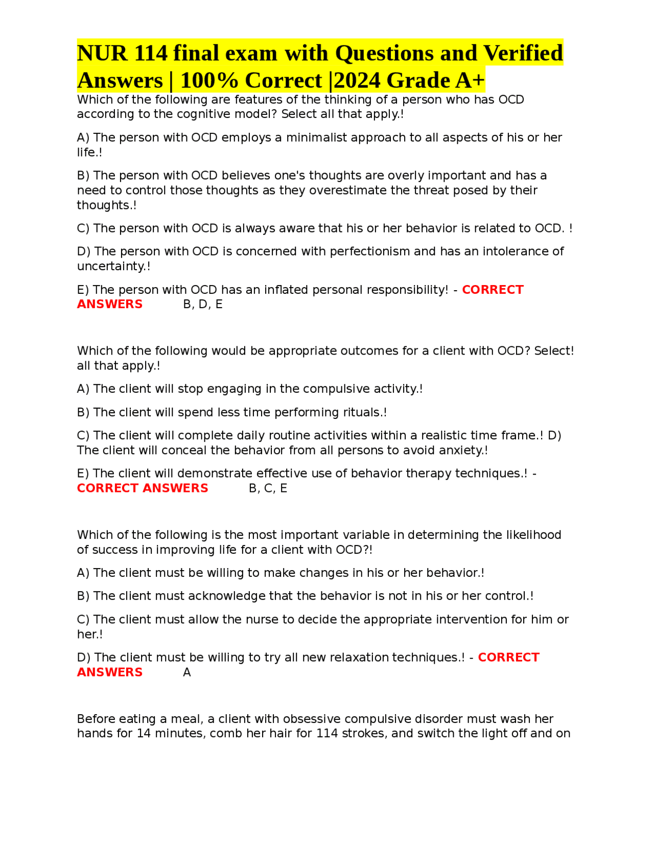 NUR 114 final exam with Questions and Verified Answers | 100% Correct ...