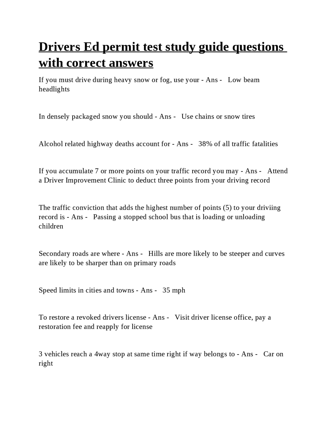 Drivers Ed Permit Test Study Guide | Exams Law | Docsity