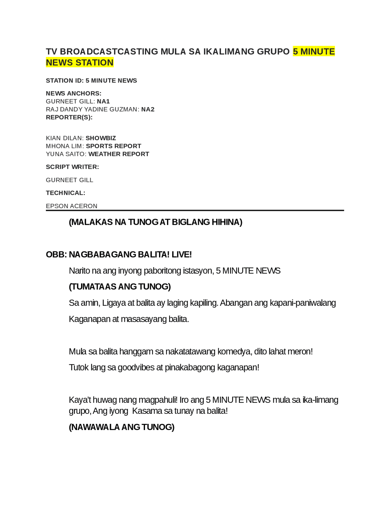 TAGALOG NEWS REPORT SCRIPT | Transcriptions Vocational education | Docsity