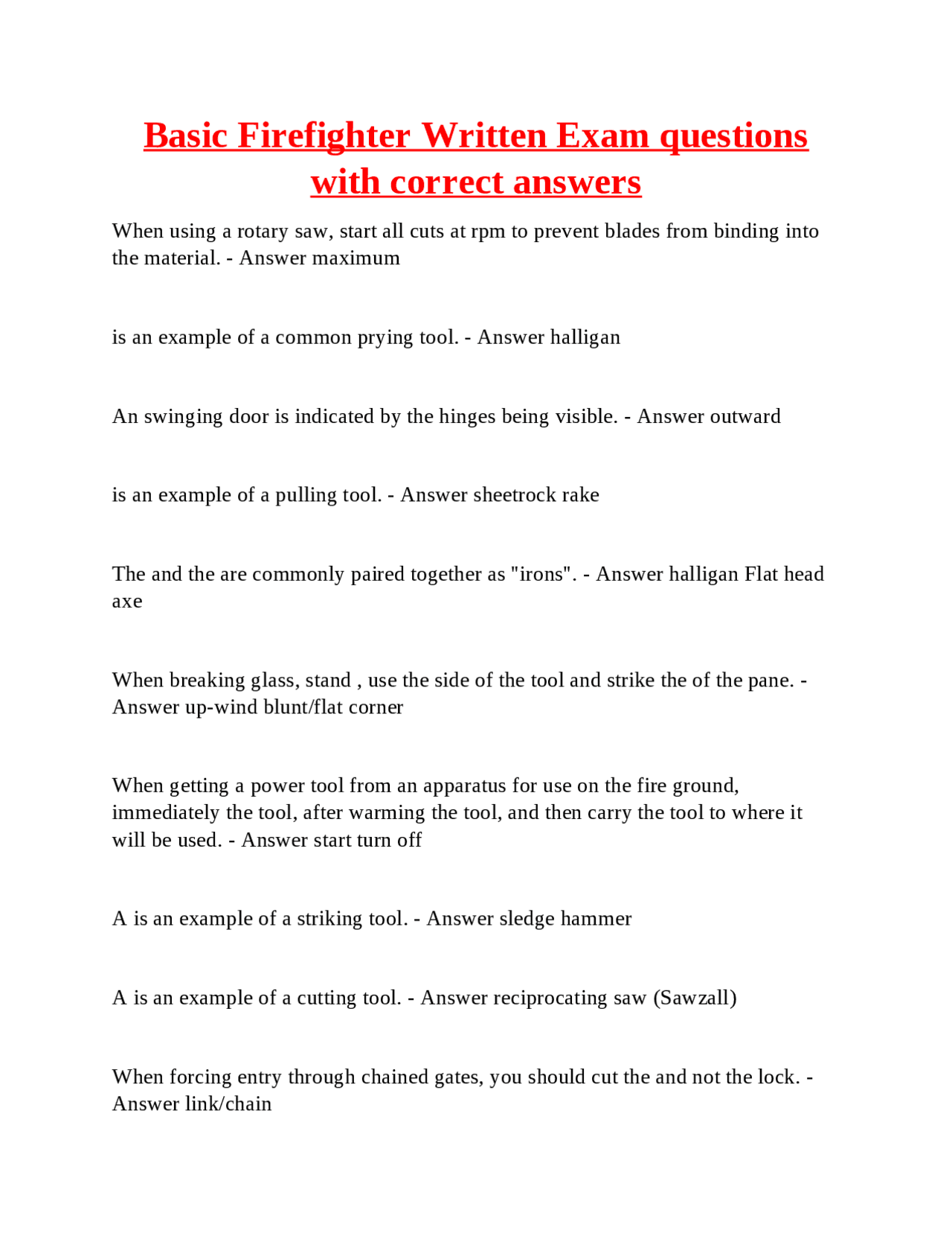 Basic Firefighter Written Exam Questions and Answers | Exams Nursing ...