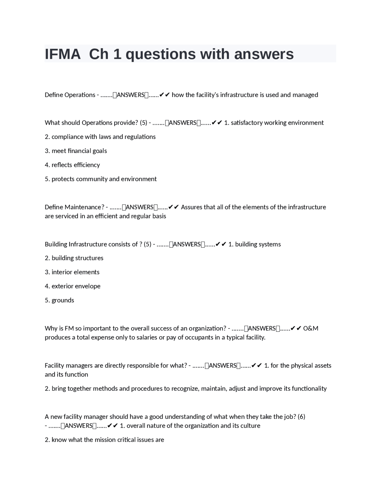 IFMA Ch 1 questions with answers | Exams Project Management | Docsity