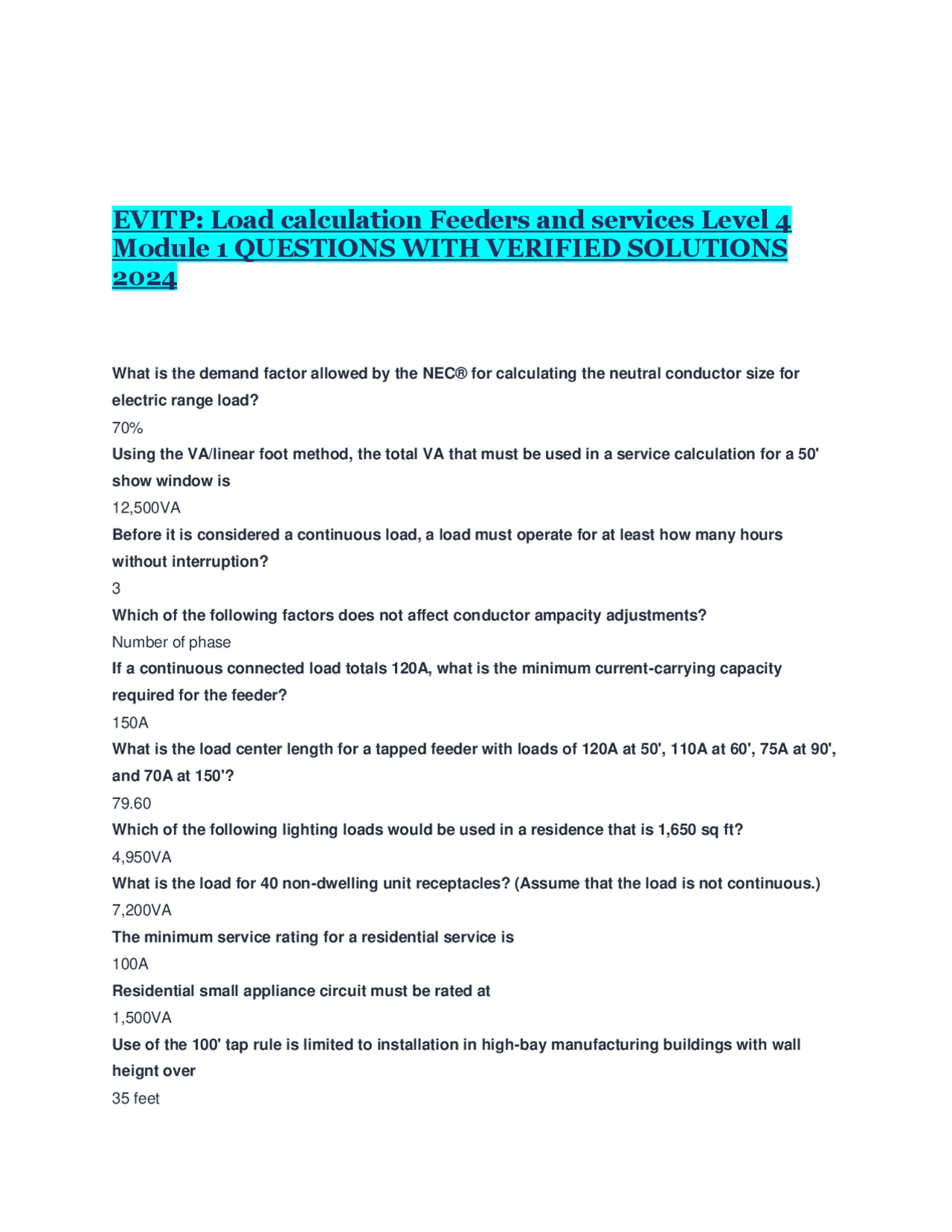EVITP: Load calculation Feeders and services Level 4 Module 1 QUESTIONS ...