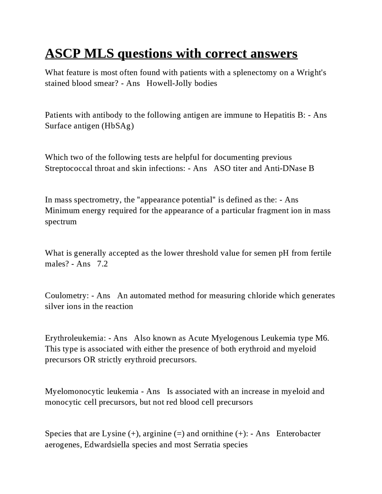 ASCP MLS questions with correct answers | Exams Nursing | Docsity