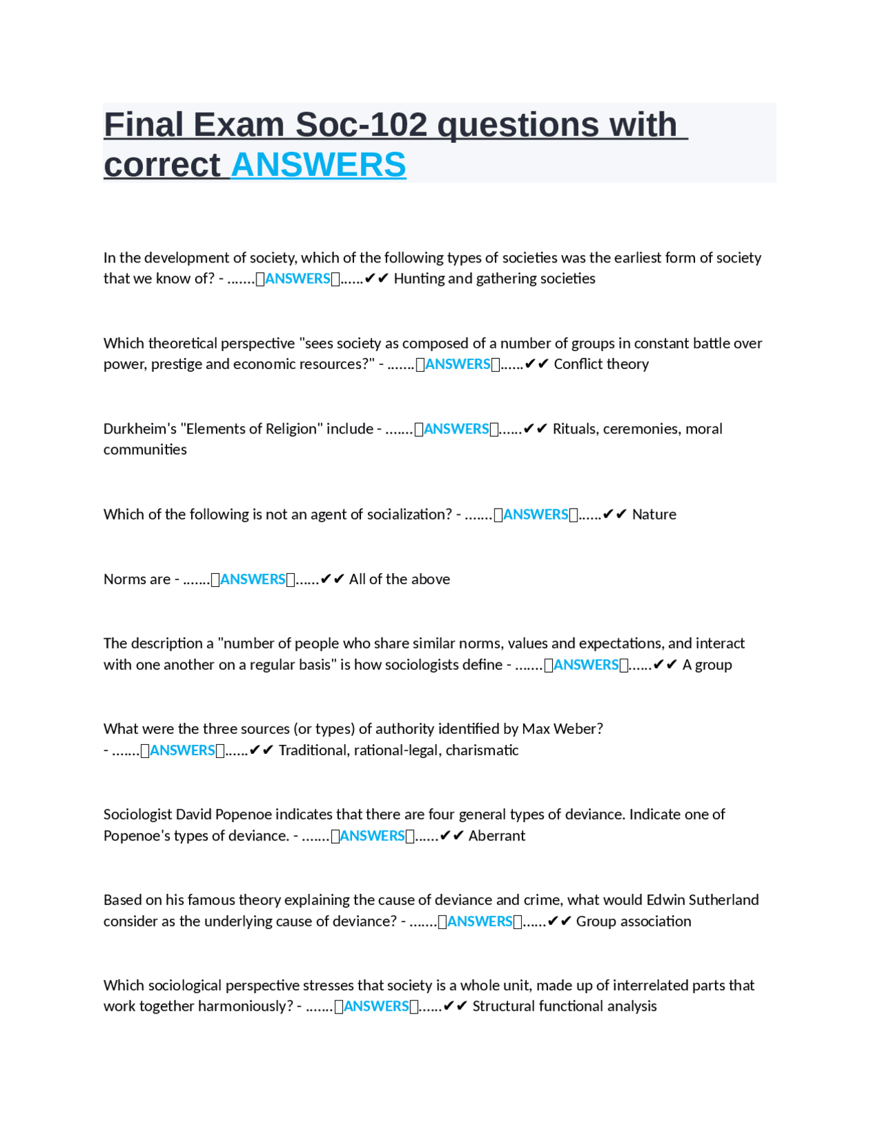 Final Exam Soc-102 Questions with Answers | Exams Sociology | Docsity