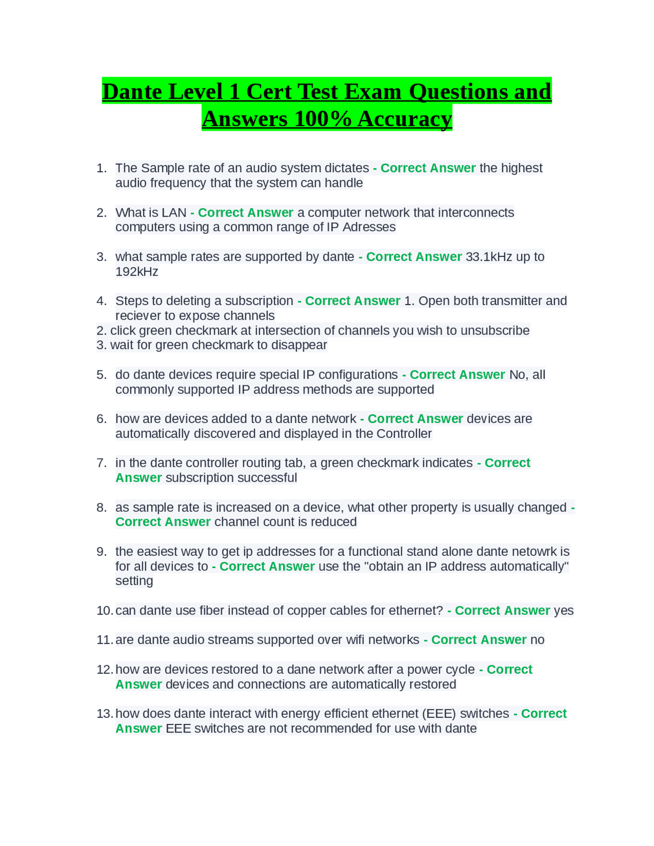 Dante Level 1 Cert Test Exam Questions and Answers 100% Accuracy ...