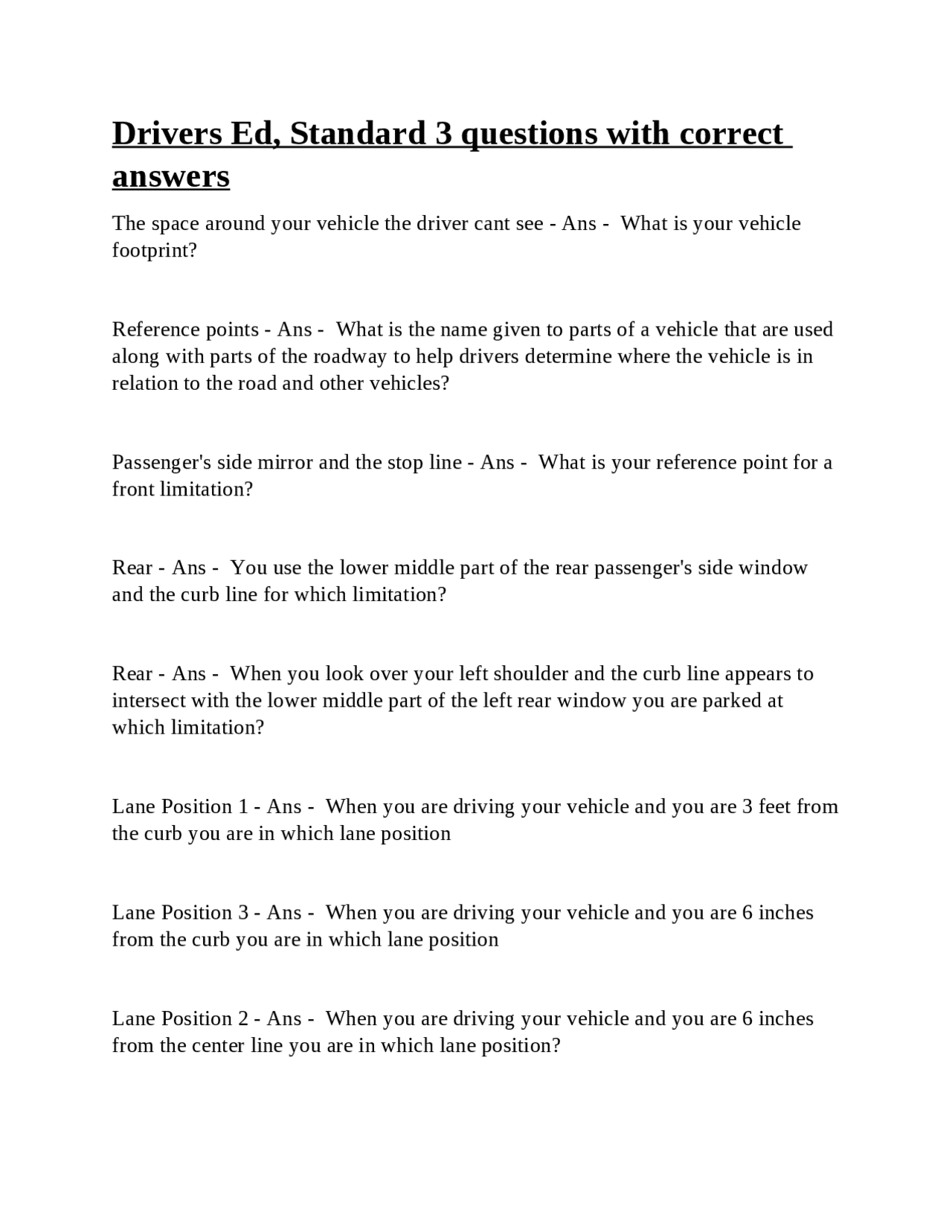 Drivers Ed, Standard 3 questions with correct answers | Exams Law | Docsity