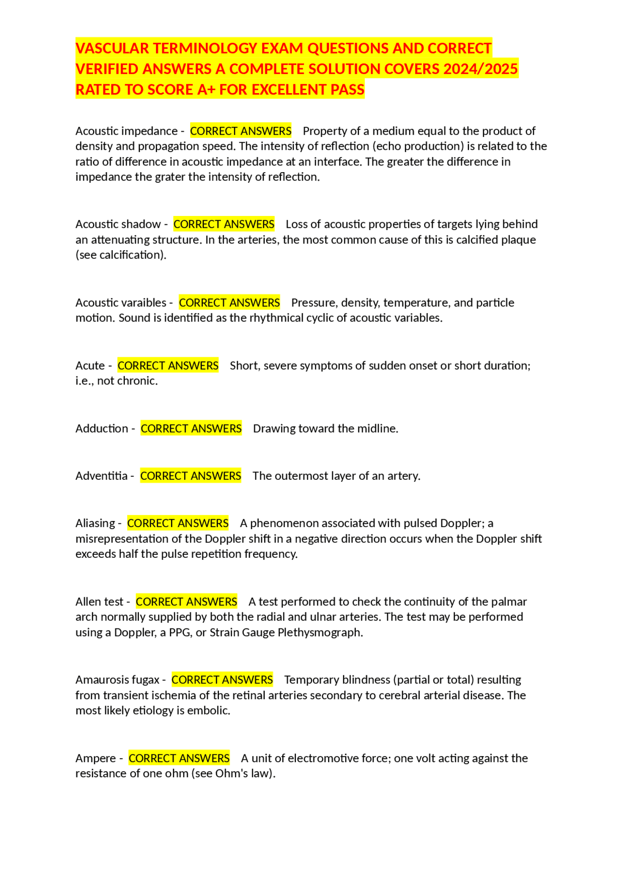 VASCULAR TERMINOLOGY EXAM QUESTIONS AND CORRECT VERIFIED ANSWERS A ...