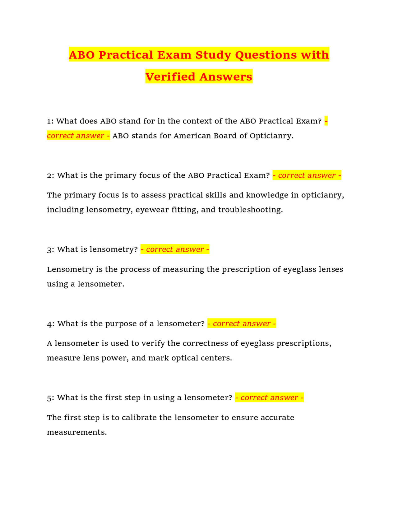 ABO Practical Exam Study Questions with Verified Answers | Exams ...